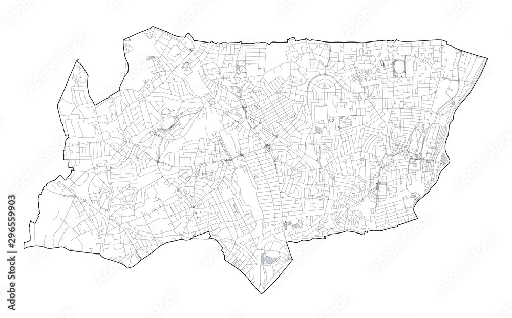 Satellite view of the London boroughs, map and streets of Haringey ...