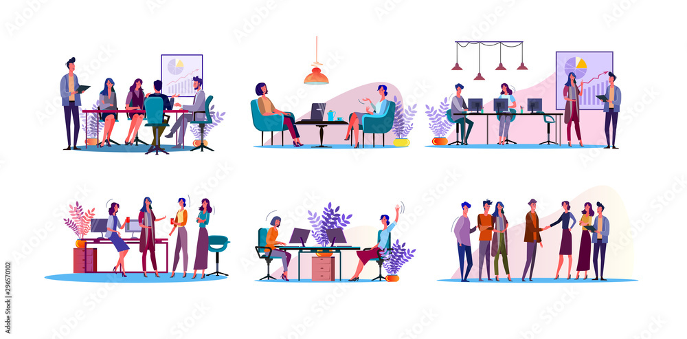 Corporate discussion illustration set. Colleagues meeting at table ...