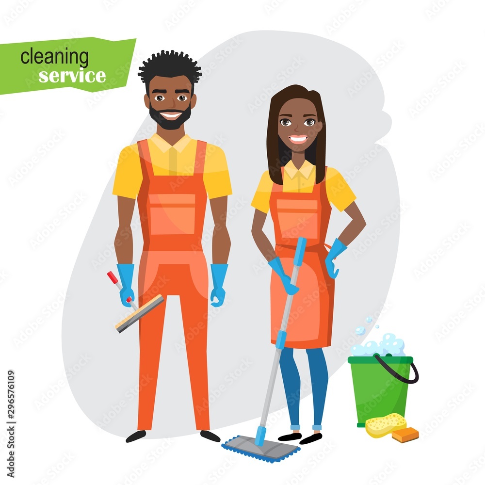 Professional cleaners team. Young black african american smiling couple ...