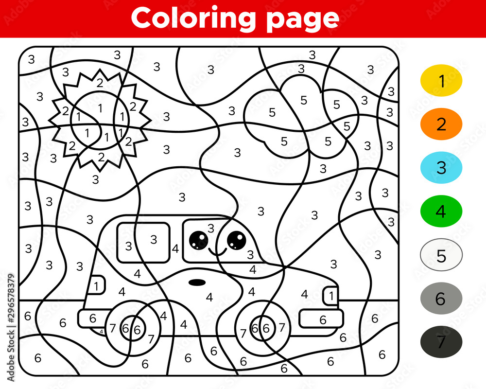 Number coloring page for preschool children. Cute kawaii transport ...