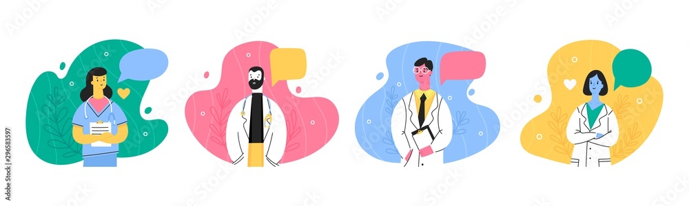 Hospital medical staff with speech bubbles. Male, female medicine ...