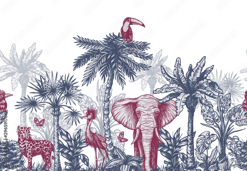 Seamless border with graphical tropical tree such as palm, banana and ... Seamless border with graphical tropical tree such as palm, banana and ...
