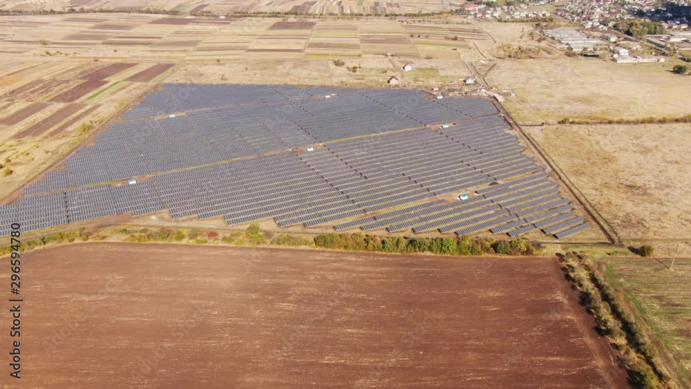 4K Aerial view of Solar Panels Farm (solar cell) with sunlight. Drone ...