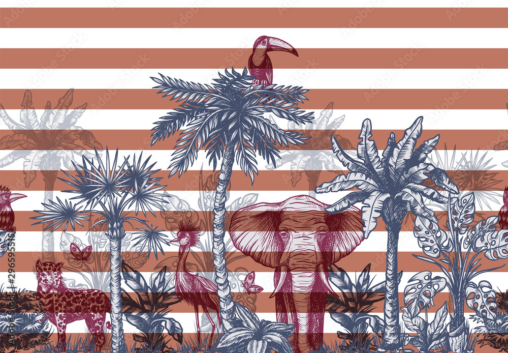 Seamless border with graphical tropical tree such as palm, banana and ... Seamless border with graphical tropical tree such as palm, banana and ...