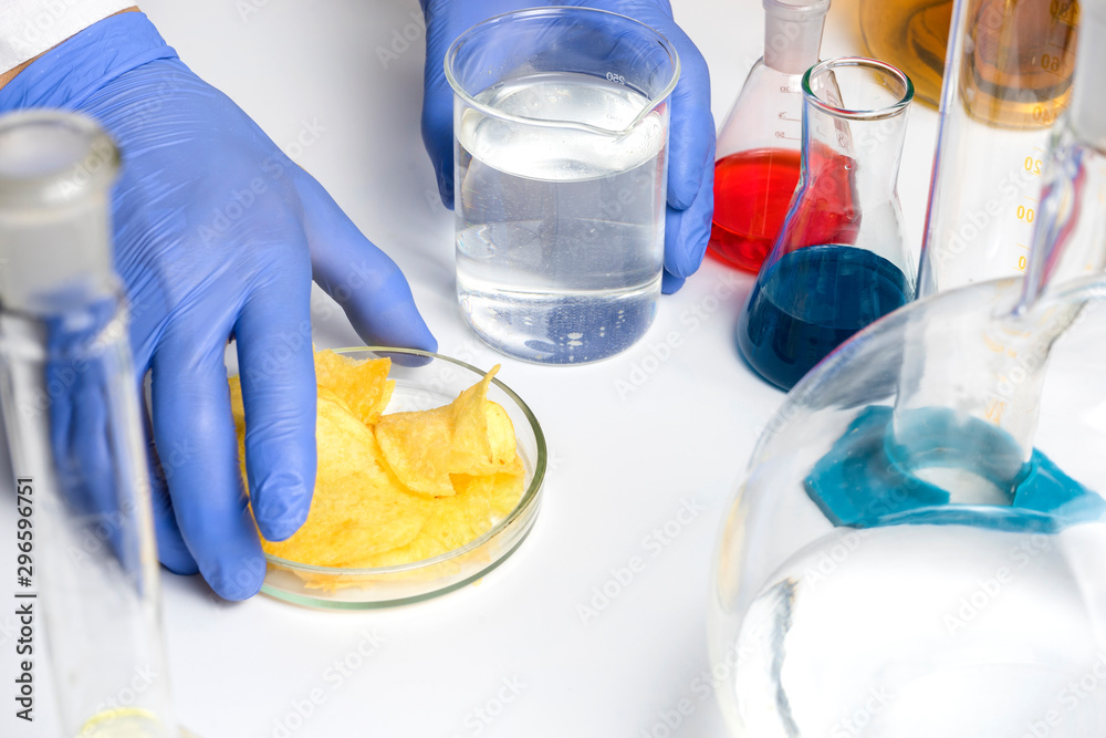 Workplace lab assistant top view. Food safety laboratory procedure ...