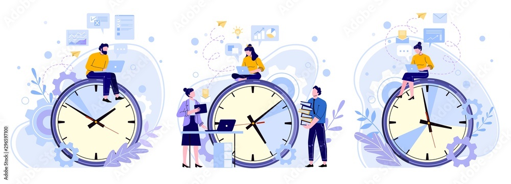 Efficiency work time. Man, woman and workers teamwork hours. Freelance ...