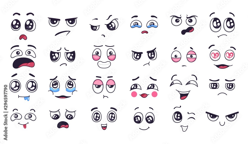 Funny cartoon faces. Face expressions, happy and sad mood. Laughing to ...