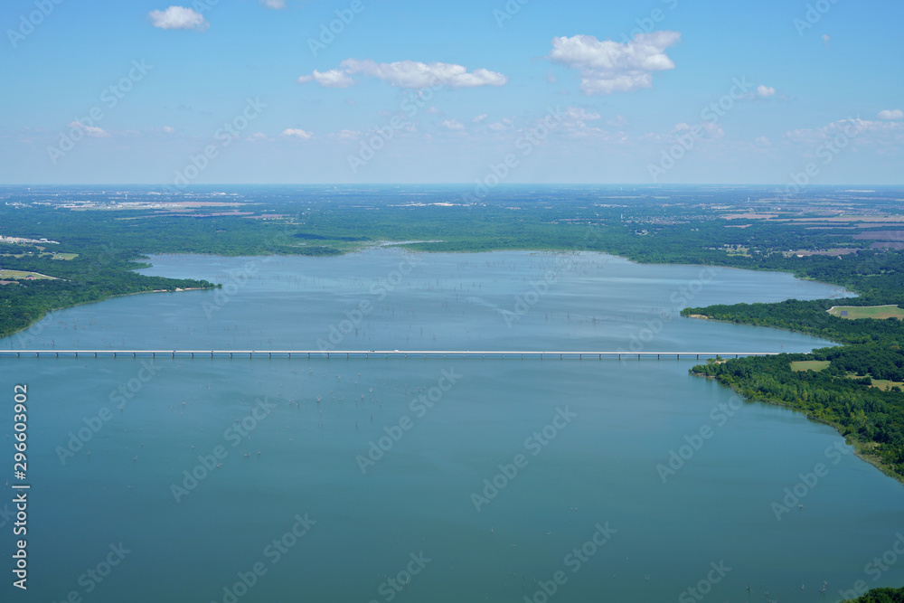 Aerial view of Lavon Lake, Texas, USA. East Lucas Road Bridge over Lake ...