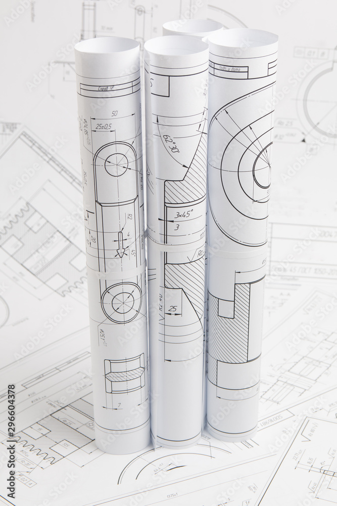 paper engineering drawings of industrial parts and mechanisms Stock ...