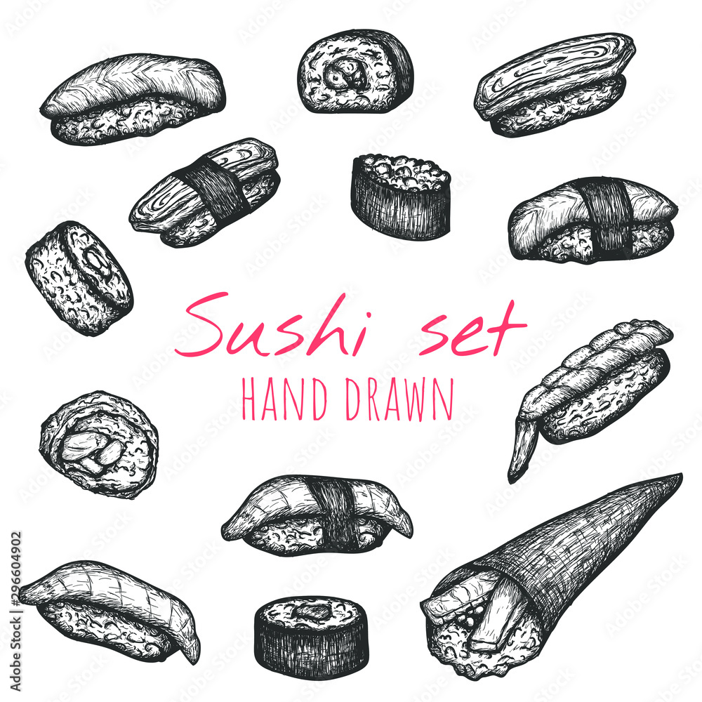 Sushi types vector hand drawn set, isolated sketch illustrations. Stock ...