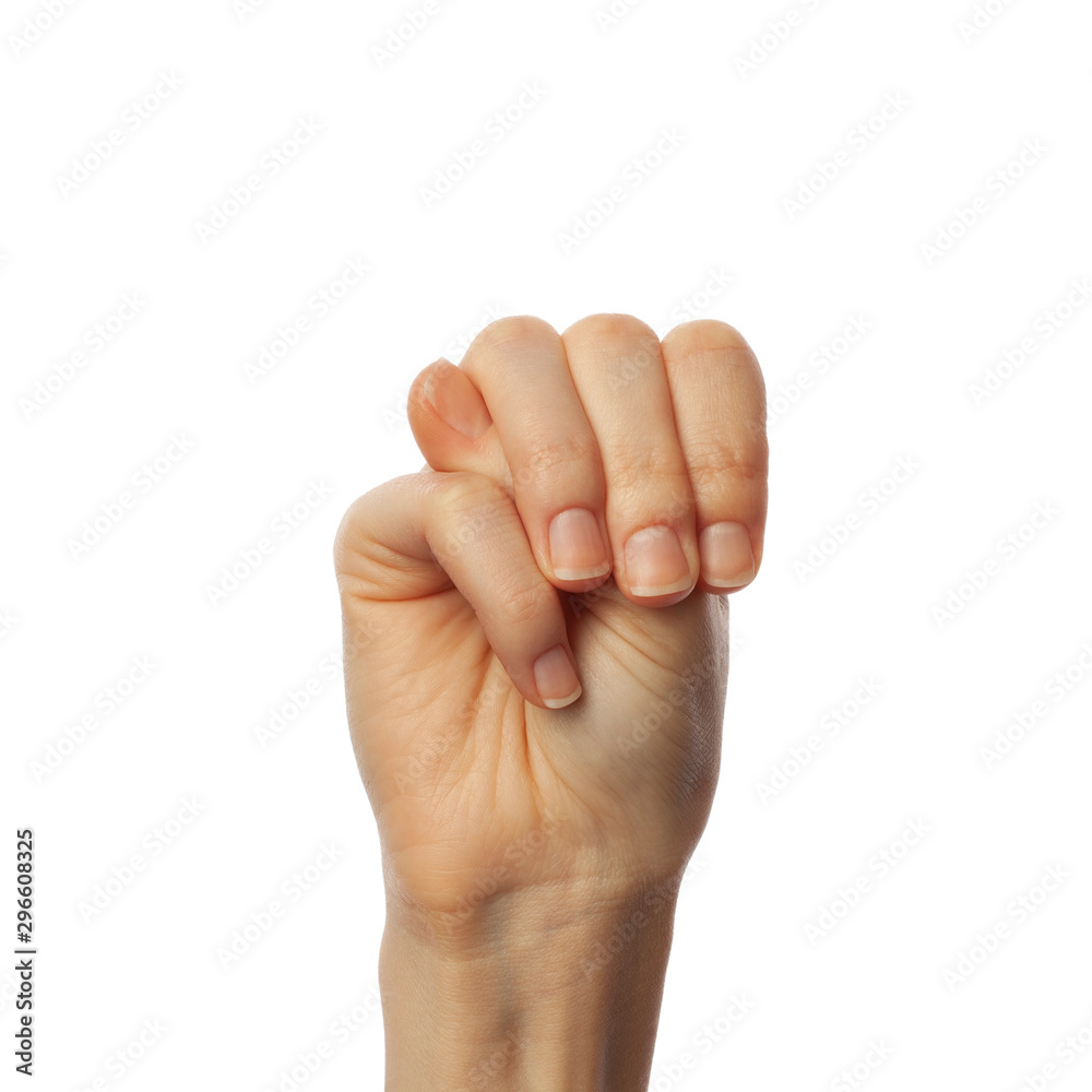 Finger spelling letter M in American Sign Language on white background ...