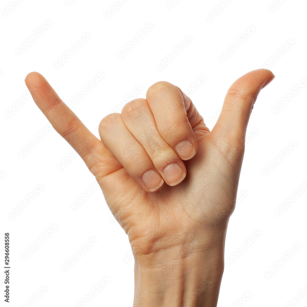 Finger spelling letter Y in American Sign Language on white background ...