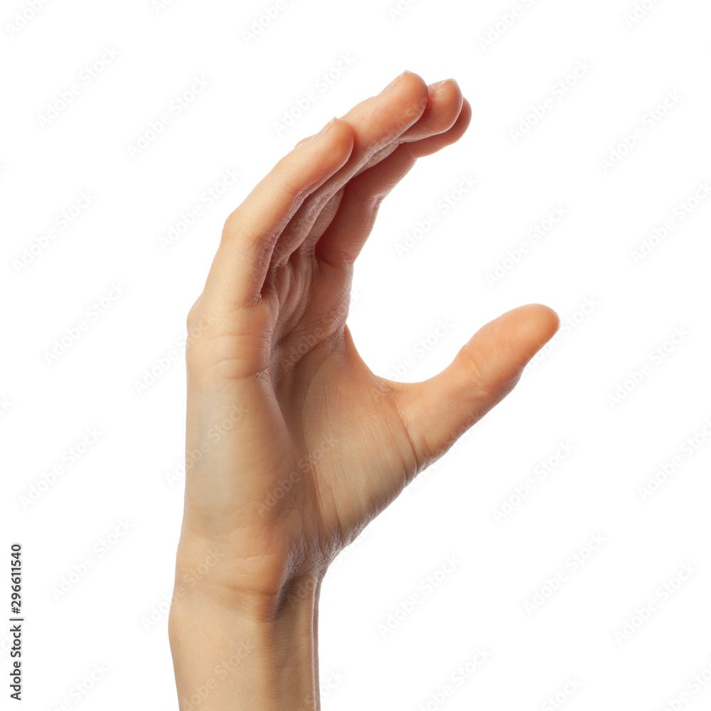 Finger spelling letter C in American Sign Language on white background ...