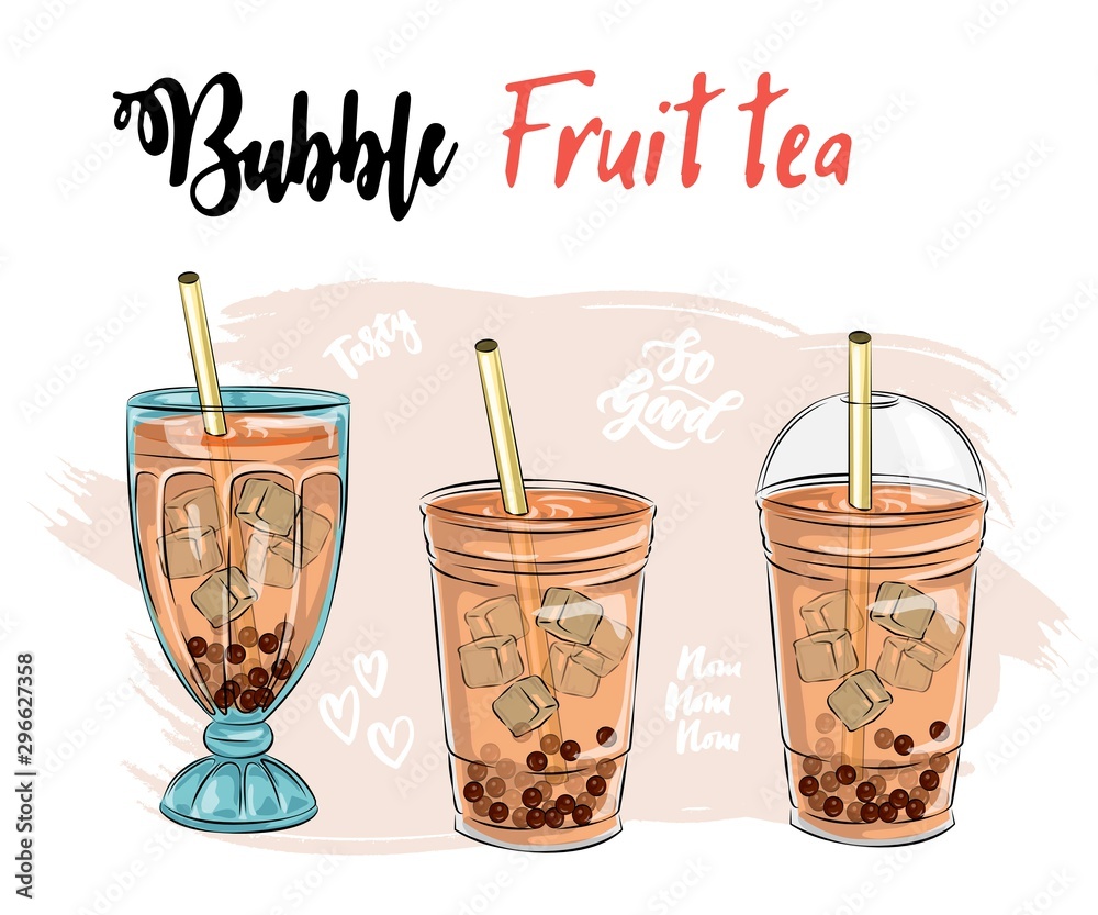 Bubble tea cup design collection, Yummy drinks, soft drinks with doodle ...