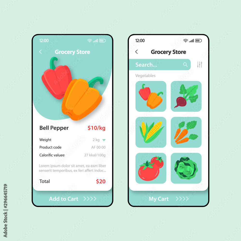 Grocery store smartphone interface vector template set. Mobile app page ...