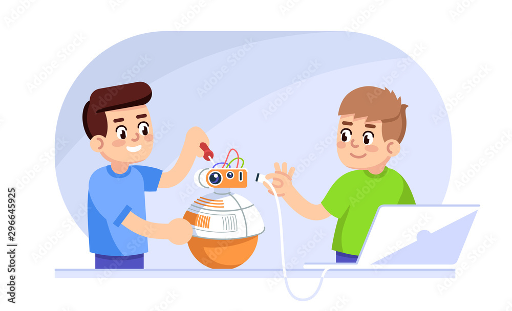 Boys creating robot flat vector illustration. Designing and programming ...