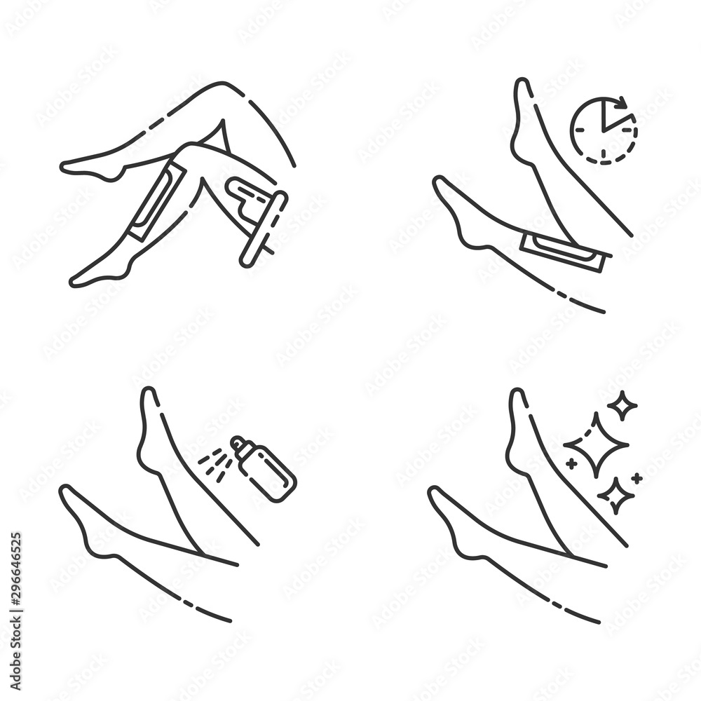 Leg waxing linear icons set. Shin hair removal with natural cold, hot wax process. Female body ...