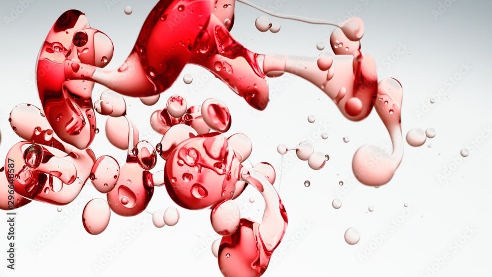 transparent red oil bubbles and fluid shapes in purified water on a ...