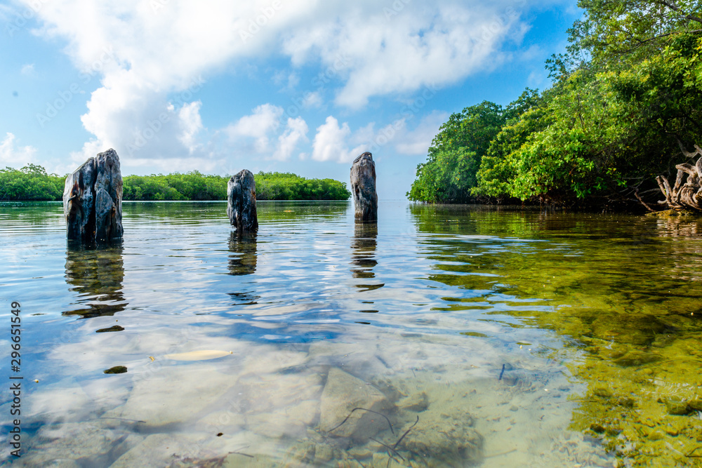 paisaje en rio con agua cristalina, cielo nublado con reflejos en el ...