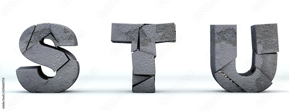 Font broken. Letters S, T, U, cracked 3d render. Isolated on white ...
