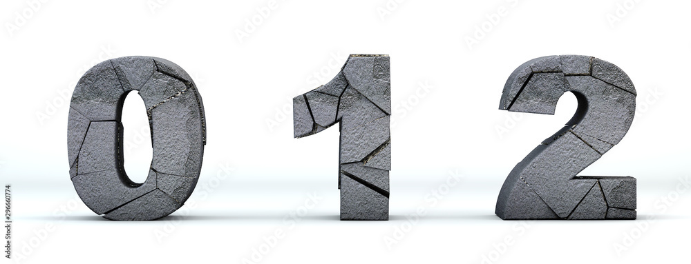 Numbers broken. Numbers 0, 1, 2, cracked 3d render. Isolated on white ...