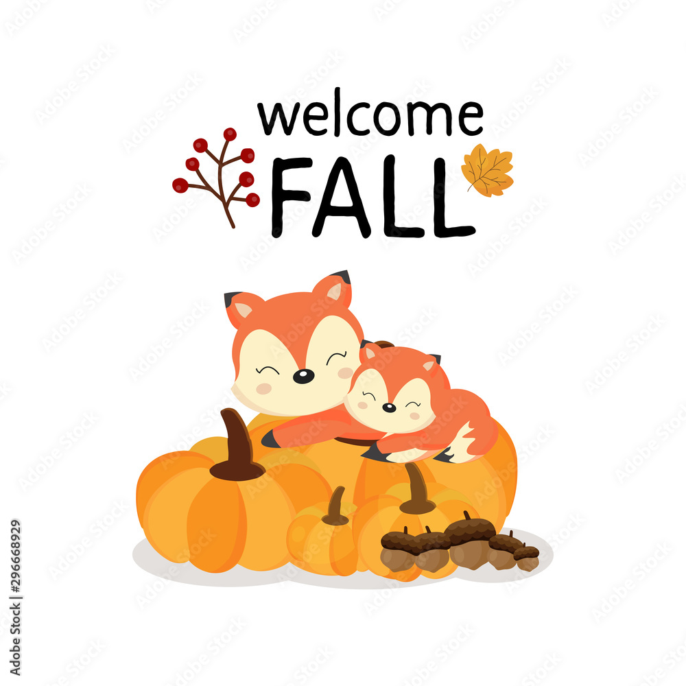 Welcome Fall with cute forest foxes in cartoon style. Stock Vector ...
