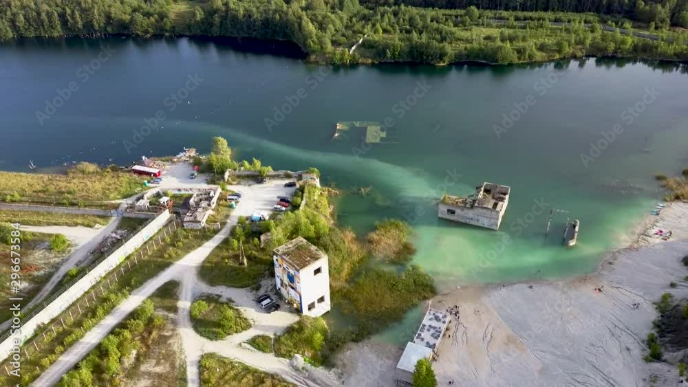 Aerial landscape Sand Hills of Quarry With a Pond and Abandoned Prison ...