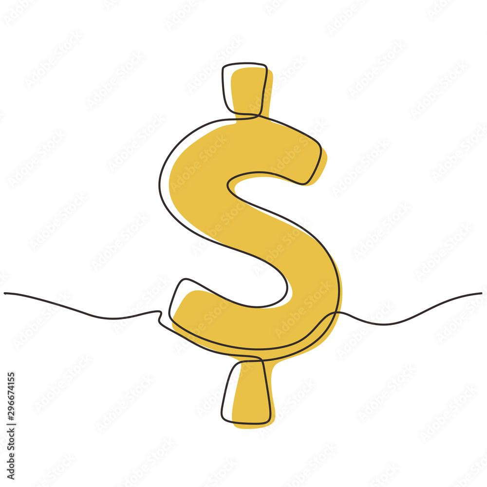 Continuous one line drawing of dollar with yellow color. Vector ...