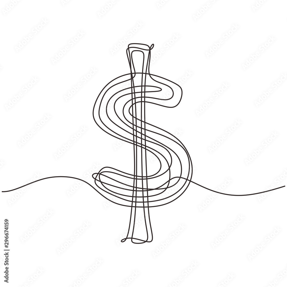 Continuous one line drawing of dollar symbol with scribble hand drawn ...