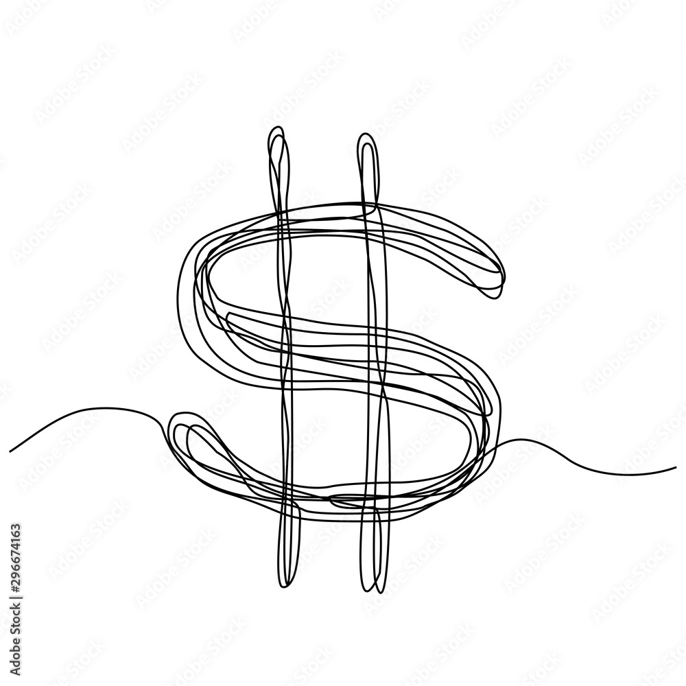 Continuous one line drawing of dollar scribble hand drawn sketch line ...