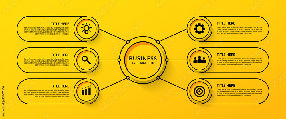 Workflow Infographic With Six Optional Outline Data Communication For Business Report Stock