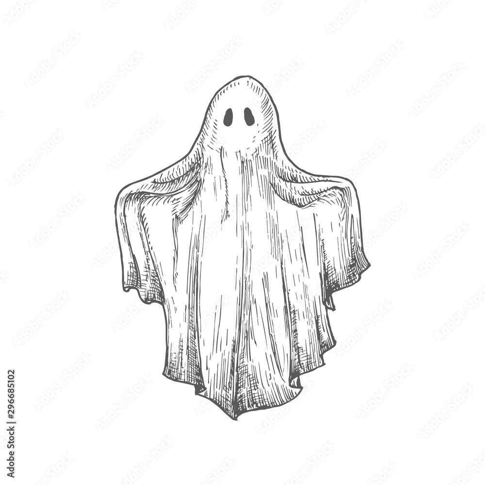Hand Drawn Halloween Scary Flying Ghost Vector Illustration. Abstract Rustic Spirit Sketch ...