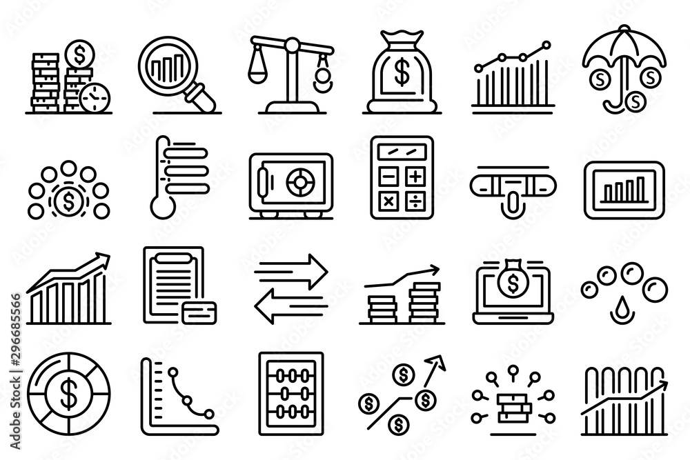 Credit score icons set. Outline set of credit score vector icons for ...