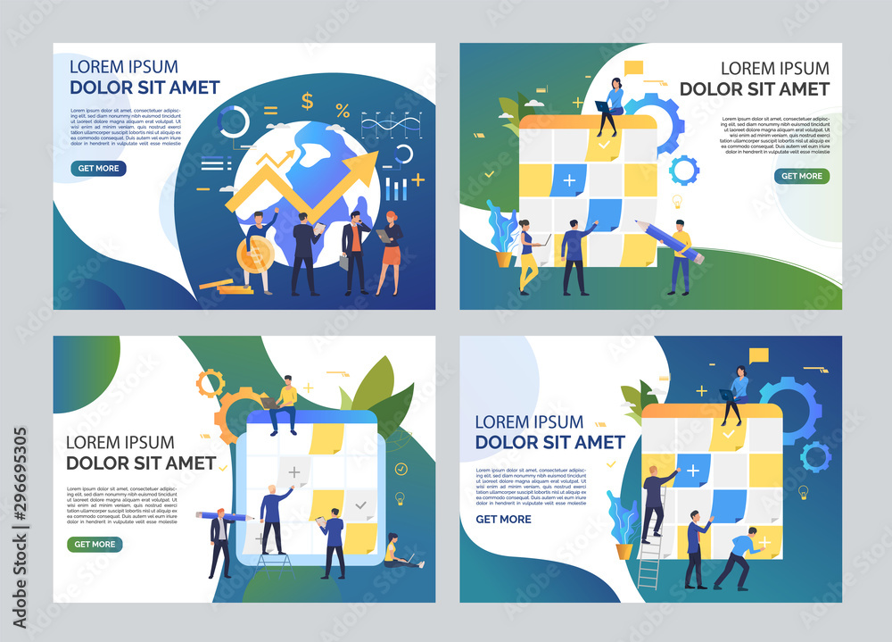 Startup management illustration set. Team sticking notes on planning ...