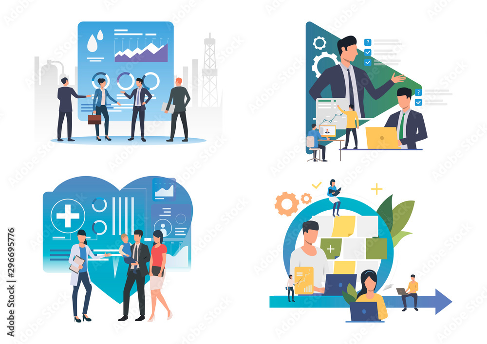 Consulting illustration set. People meeting with partners, doctor ...