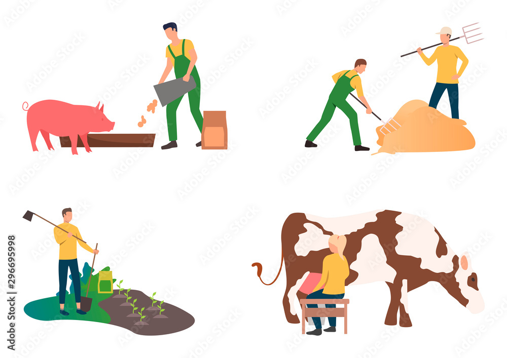 Farming illustration set. Farmer feeding pig, planting out seedling ...