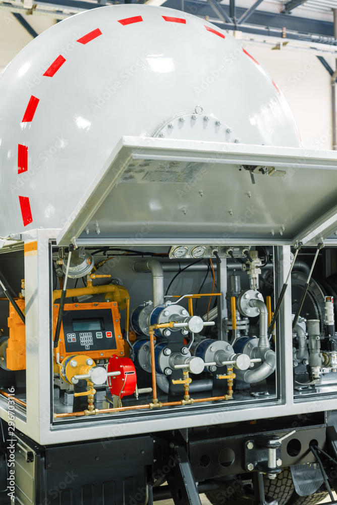 Tanker of an automobile tanker. The control panel is open, visible ...