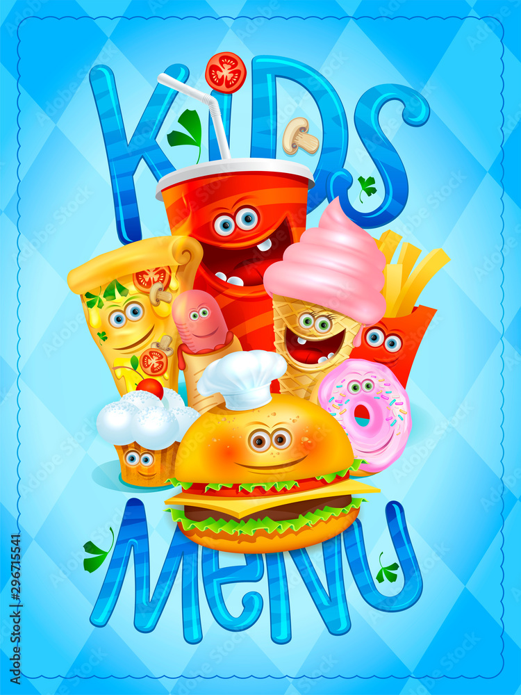 Kids menu card design with drink, ice cream, pizza, hot dog, french ...