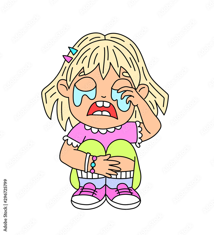 Sad little girl crying hugging her knees sitting on the floor, cartoon ...