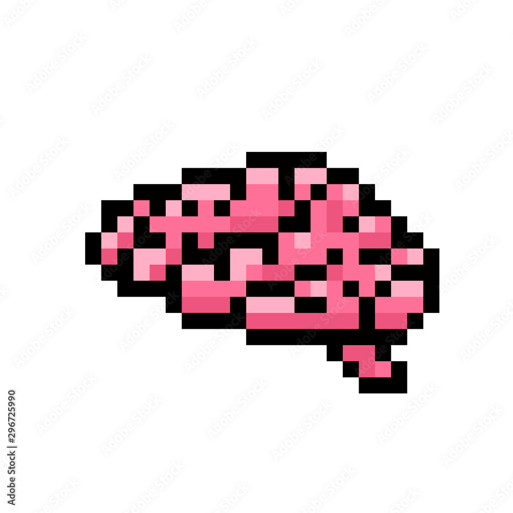 Pink human brain, pixel art icon isolated on white background. Old ...