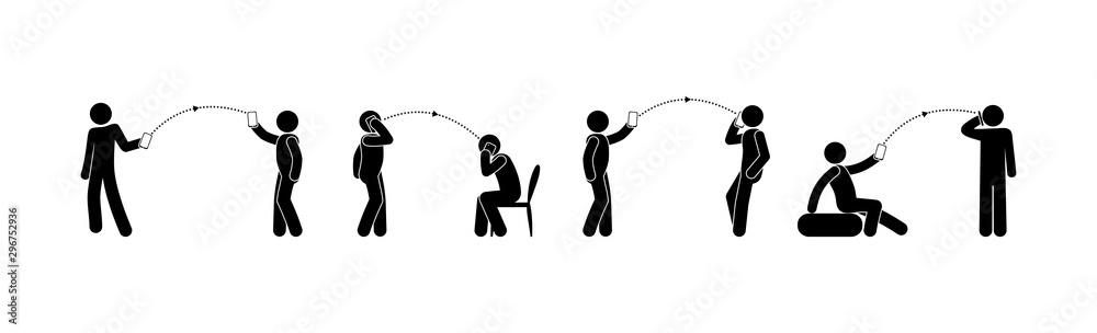 Stick figures a set of human with a cellphone. Man using phone or ...