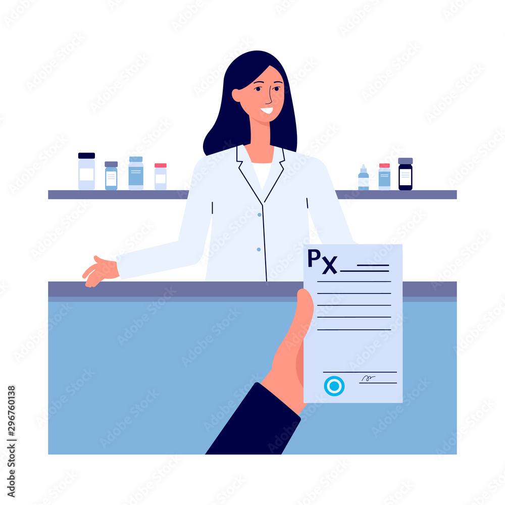 Prescription form in drugstore with pharmacist flat cartoon vector ...