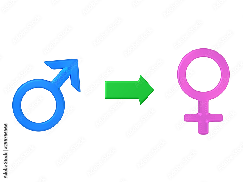 3D Rendering of male symbol with arrow pointing towards female symbol ...
