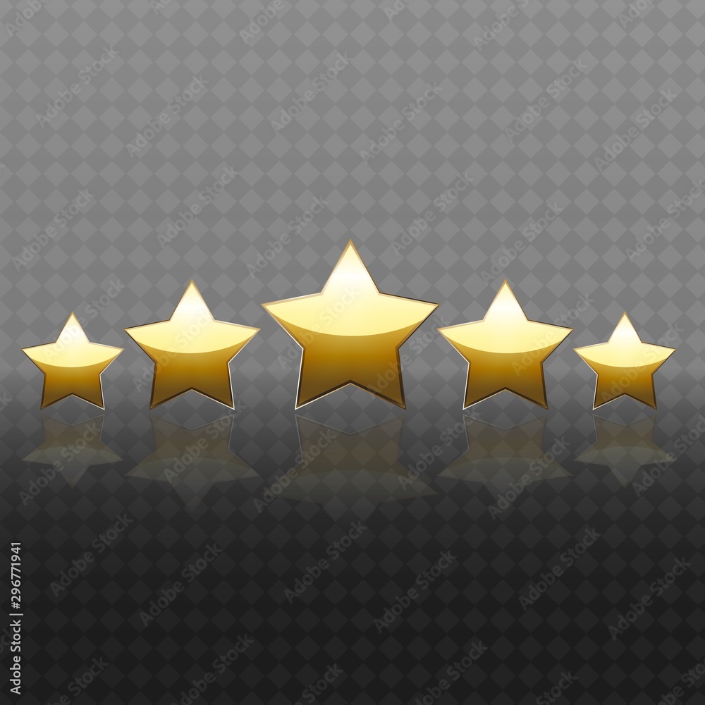 Five gold stars on a transparent background, with reflection. Stock ...
