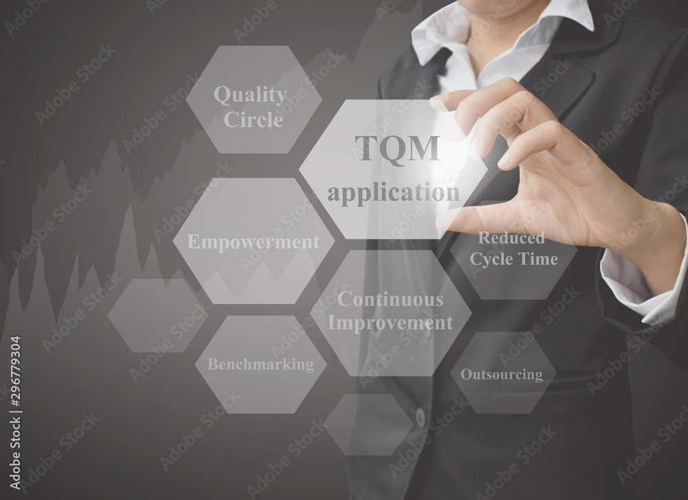 Business woman showing presentation TQM Application on black background ...