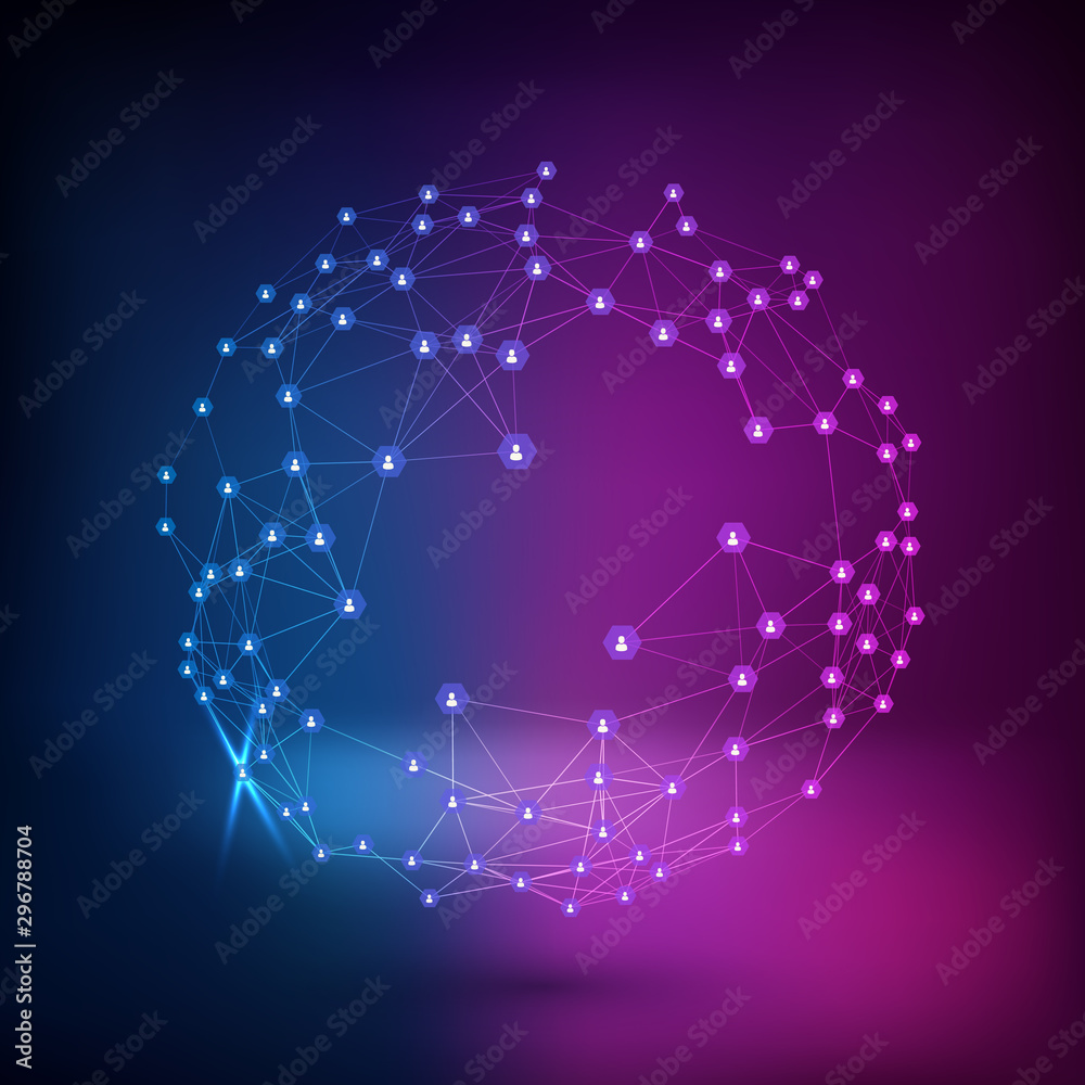 Network graph of connected nodes. Social media graph of users. Sphere cluster of communication ...