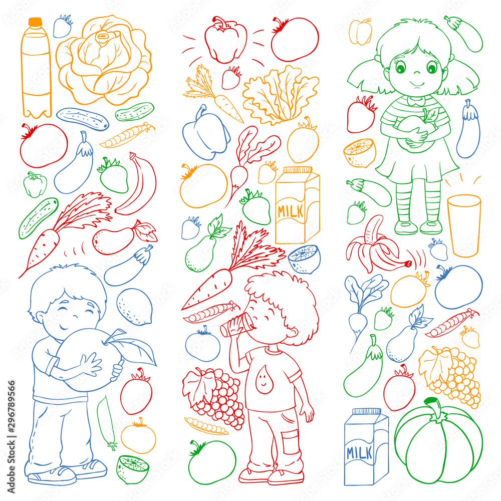 Vector pattern with children eating healthy food. Fruits and vegetables ...
