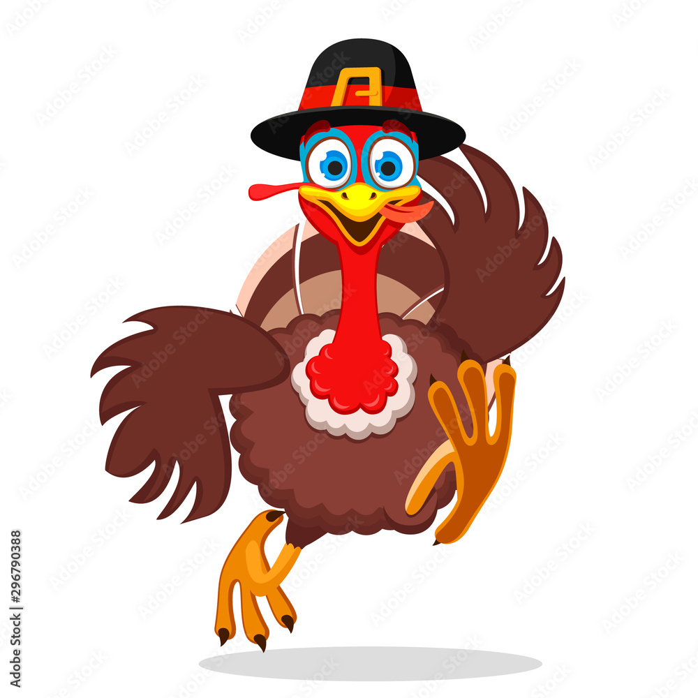 Turkey runs forward holding his hat wing on a white. Thanksgiving day ...
