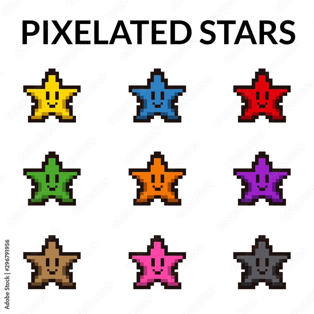 Nine pixelated stars of different colors, for illustrations, designs ...