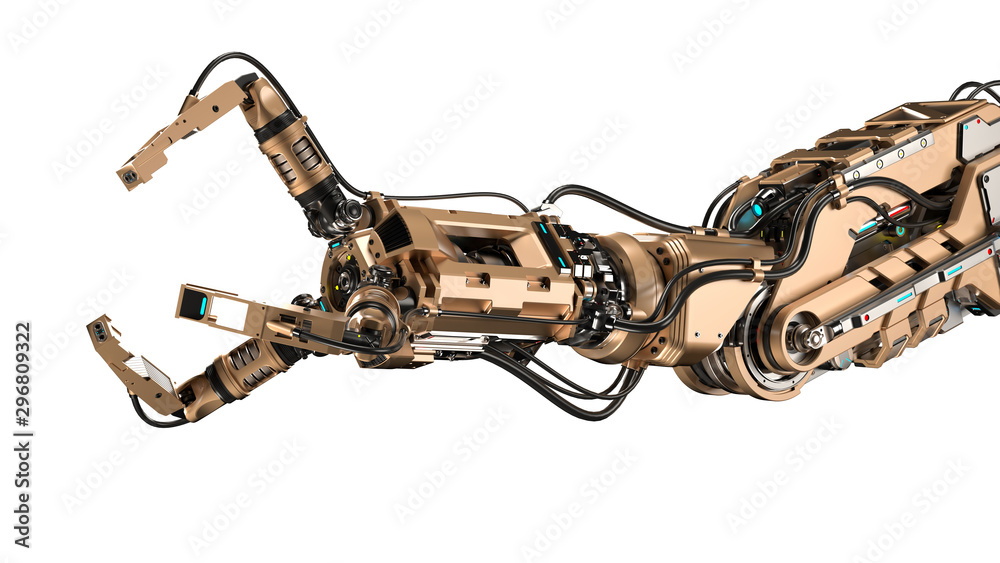 Very detailed robotic arm. Yellow mechanical hand. Industrial robot ...